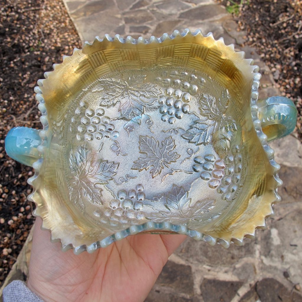 Antique Northwood Aqua Opal Grape & Cable Stippled Carnival Glass Bon ...