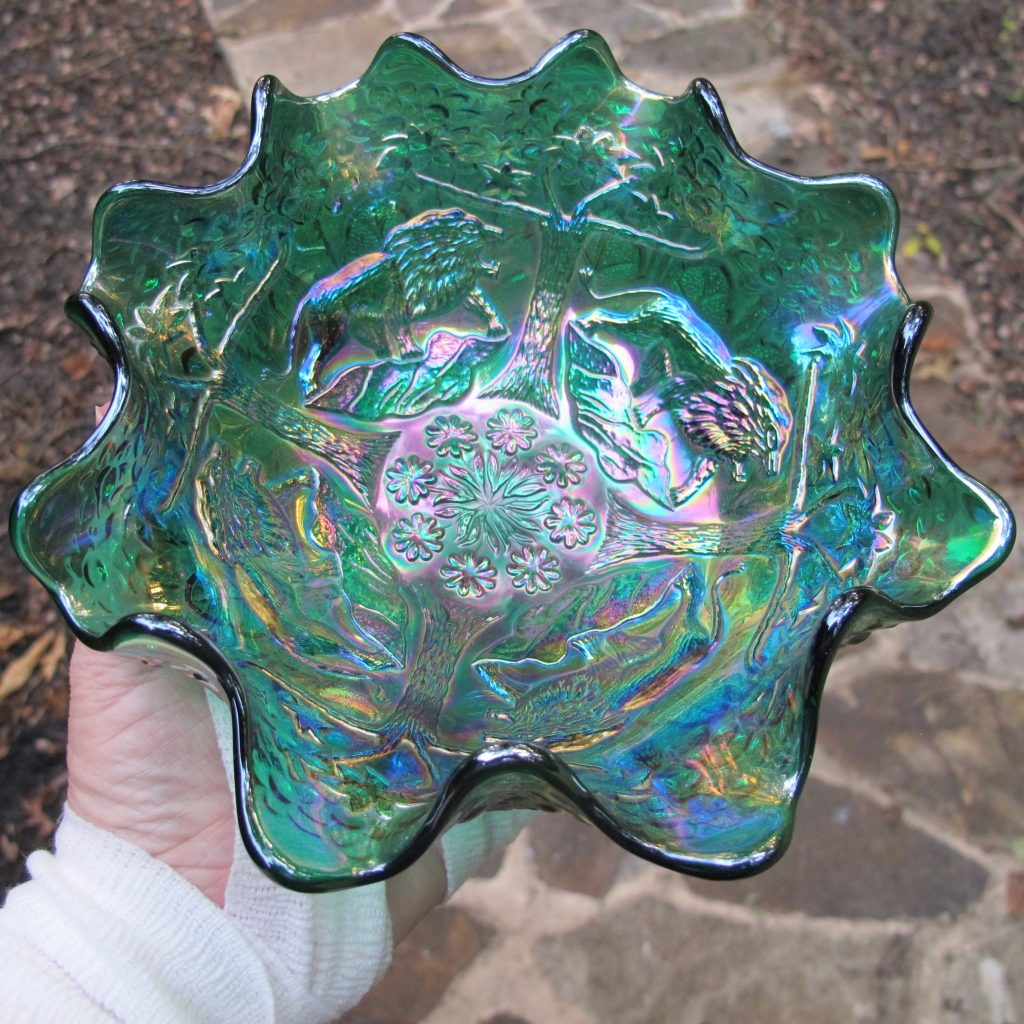 Fenton Teal Green Lions Fenton's Flowers Carnival Glass Ruffled Bowl ...