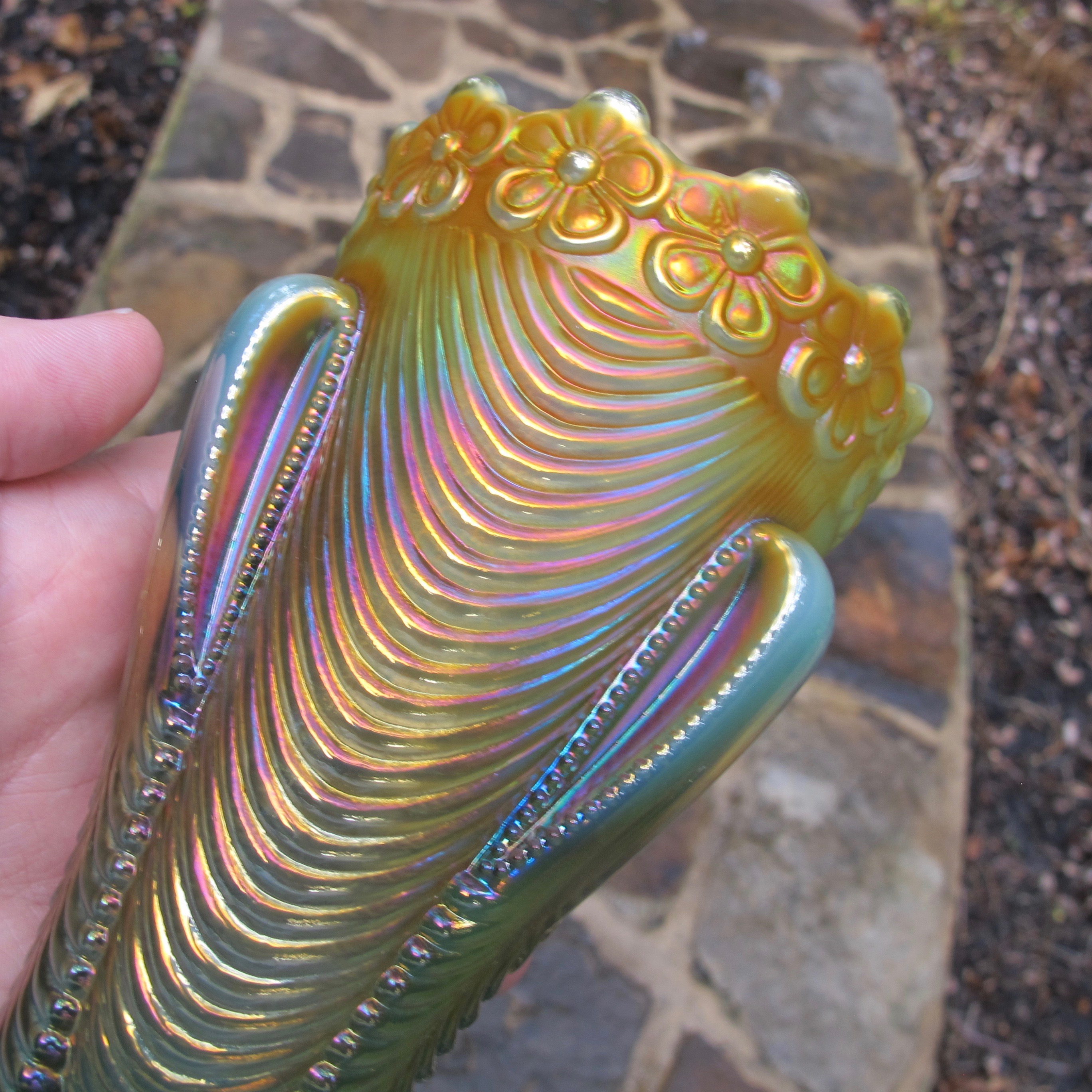 Antique Northwood Aqua Opal Daisy & Drape Carnival Glass Vase - Pastel ...