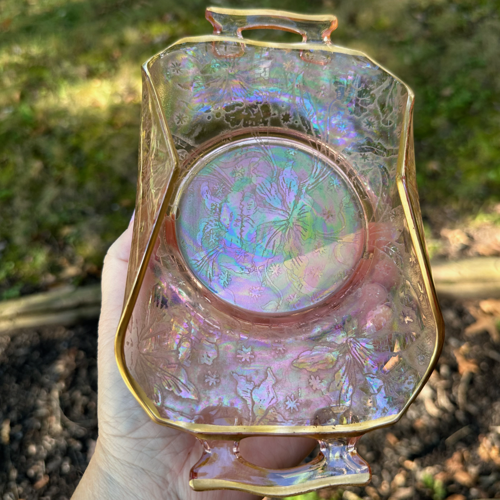 Antique Imperial Pink Valencia Brocaded Daffodils w/Gold Carnival Glass ...