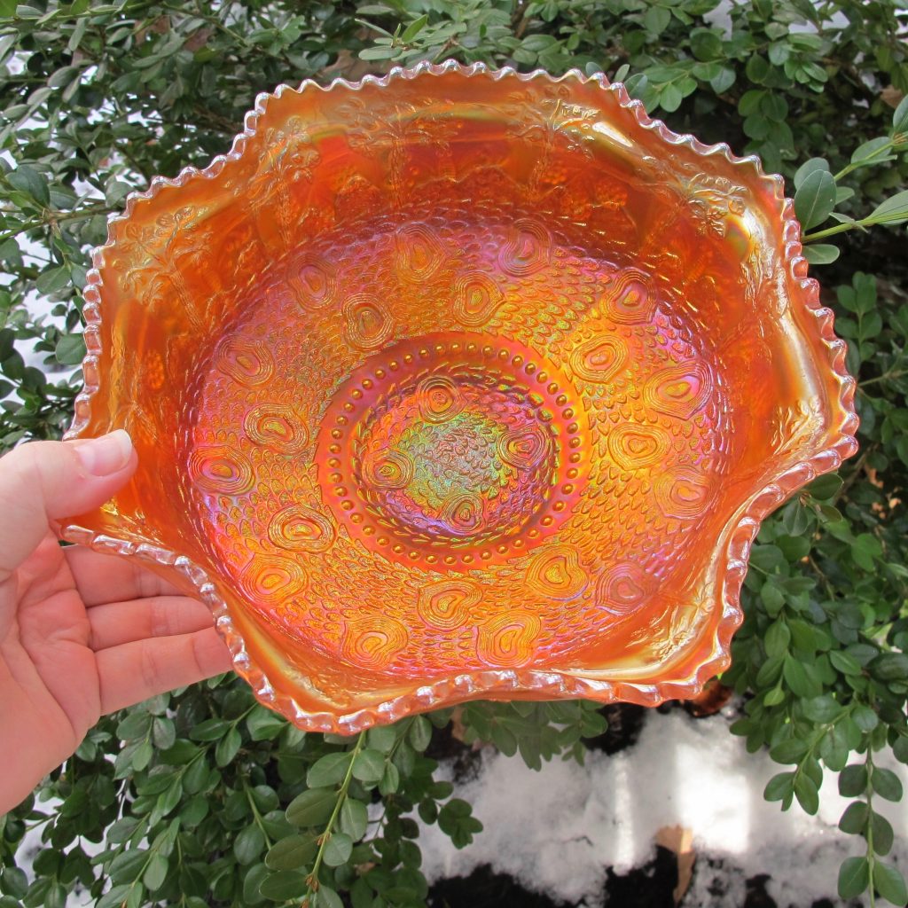 Antique Fenton Hearts & Trees Marigold Carnival Glass Bowl – Carnival Glass