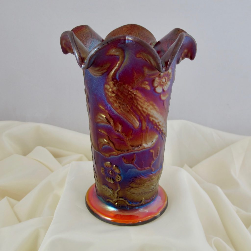 Fenton Red Peacock Garden Stretch Carnival Glass Ruffled Top Vase Ltd ...
