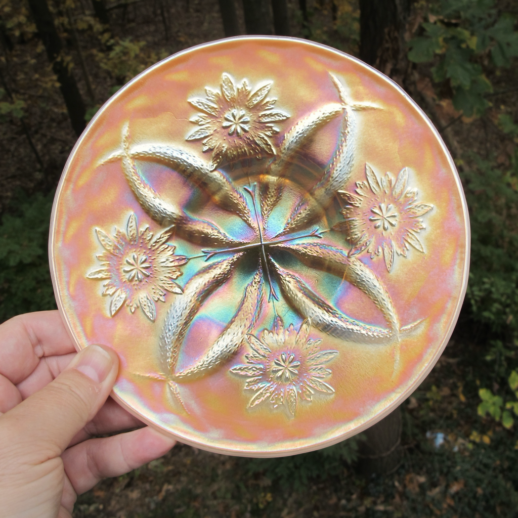 Antique Dugan Four Flowers Peach Opal Carnival Glass Plate – Carnival Glass