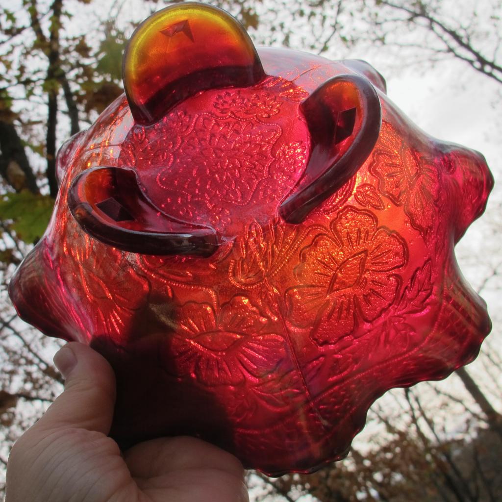 Antique Fenton Red Two Flowers Carnival Glass Footed Bowl – Carnival Glass