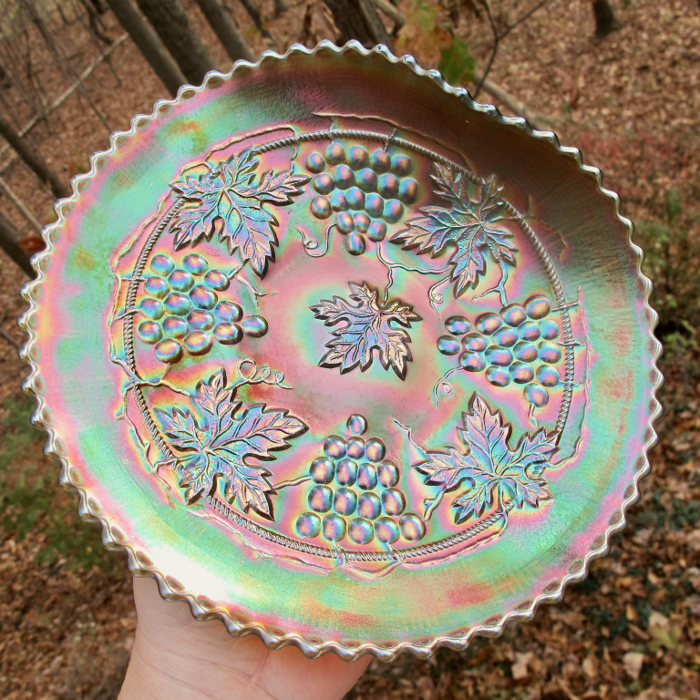 Antique Northwood Grape & Cable Green Carnival Glass Handgrip Plate ...
