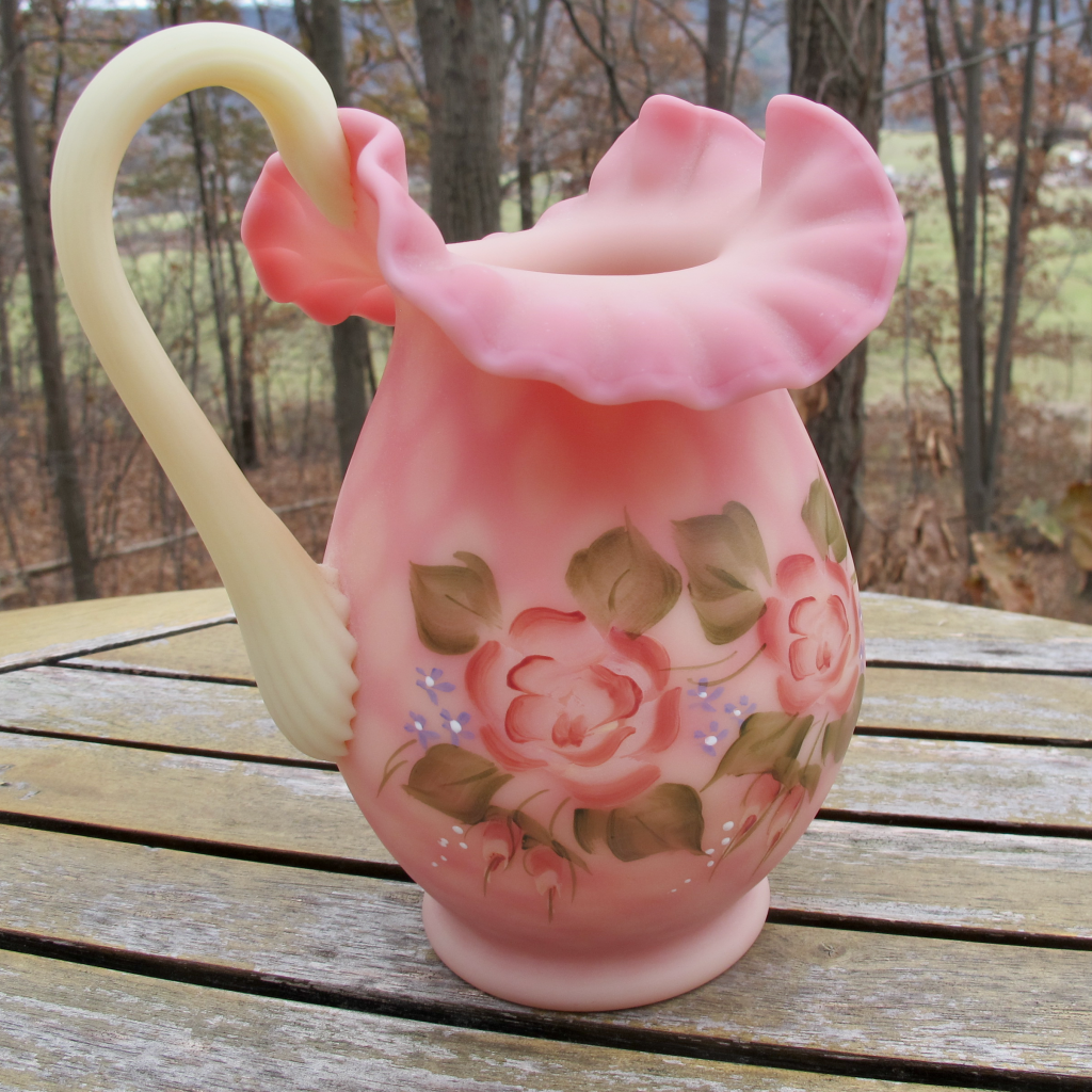Fenton Hand Painted Criss Cross Burmese Art Glass Pitcher Don Fenton ...