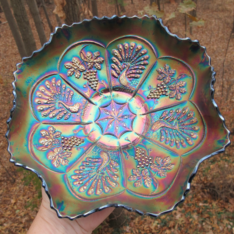Antique Fenton Peacock & Grape Blue Carnival Glass Bowl – Carnival Glass