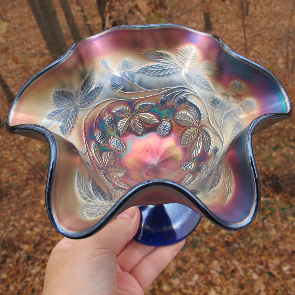 Antique Fenton Blackberry Bramble Blue Carnival Glass Compote ...