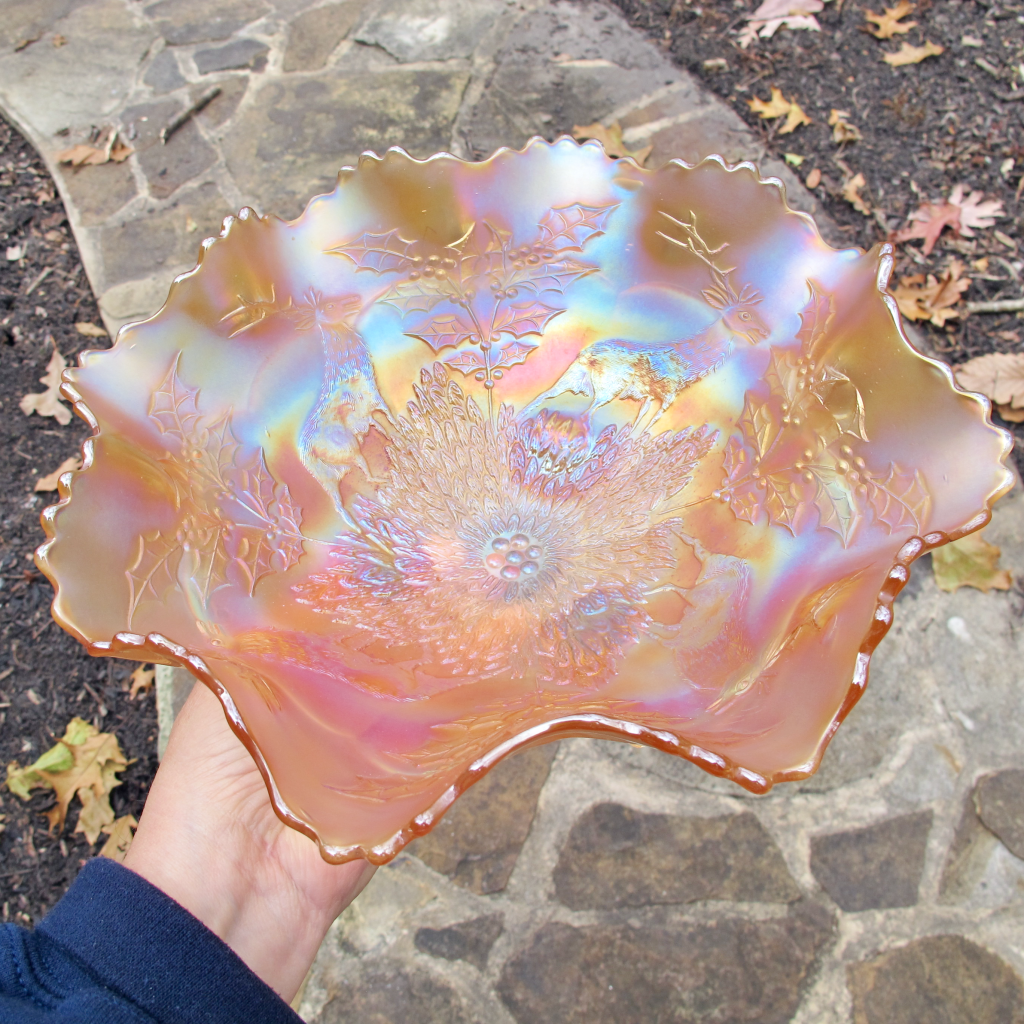 Antique Fenton Stag & Holly Pastel Marigold Carnival Glass Bowl ...