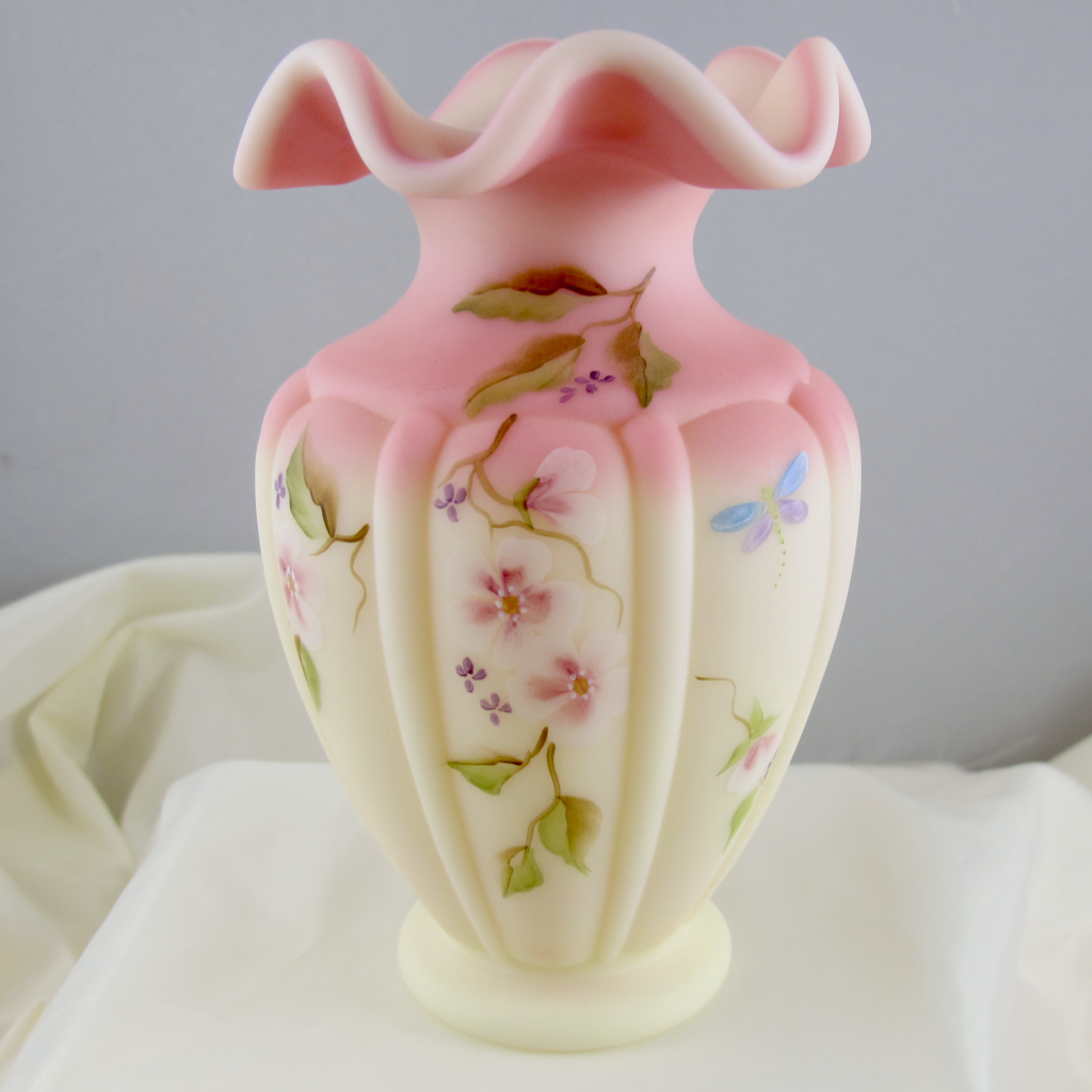 Fenton Painted Flowers and Dragonfly Burmese Art Glass Vase – Carnival ...