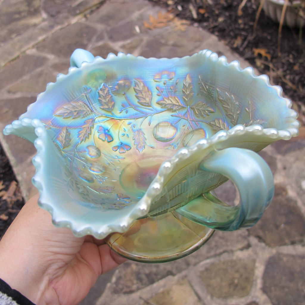 Antique Northwood Fruits & Flowers Pastel Aqua Opal Carnival Glass Bon ...