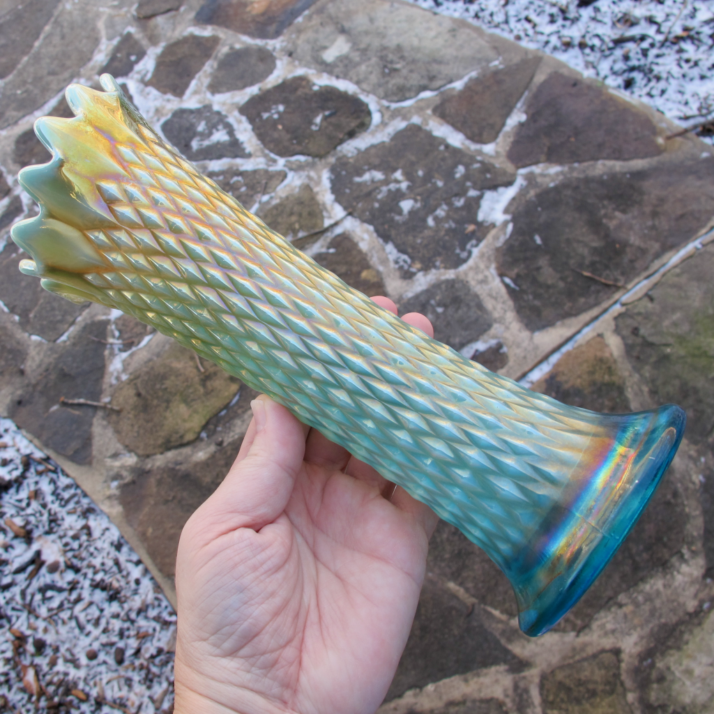 Antique Northwood Diamond Point Aqua Opal Carnival Glass Vase ...