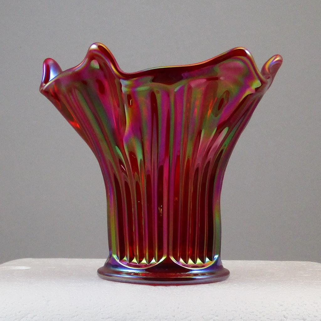 Mosser Red Fine Rib Carnival Glass Flared Squatty Vase #3 – Carnival Glass