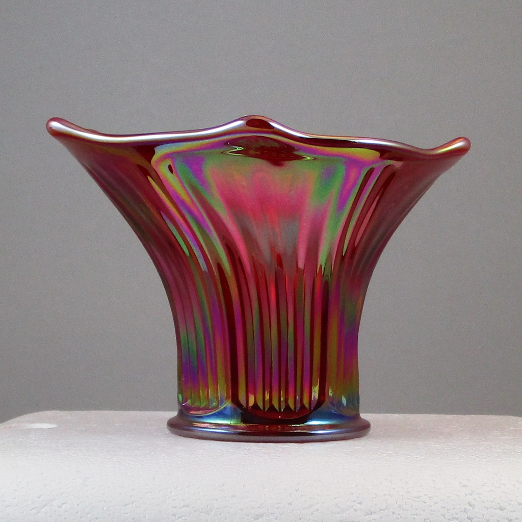 Mosser Red Fine Rib Carnival Glass Flared Squatty Vase #4 – Carnival Glass