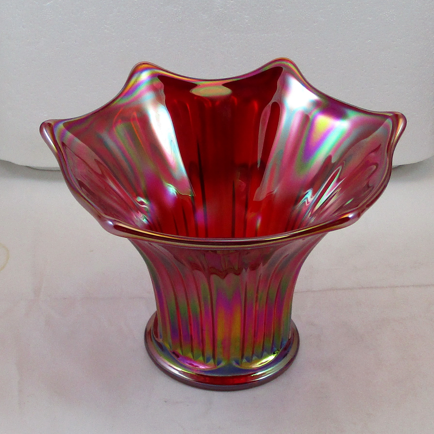 Mosser Red Fine Rib Carnival Glass Flared Squatty Vase #4 – Carnival Glass