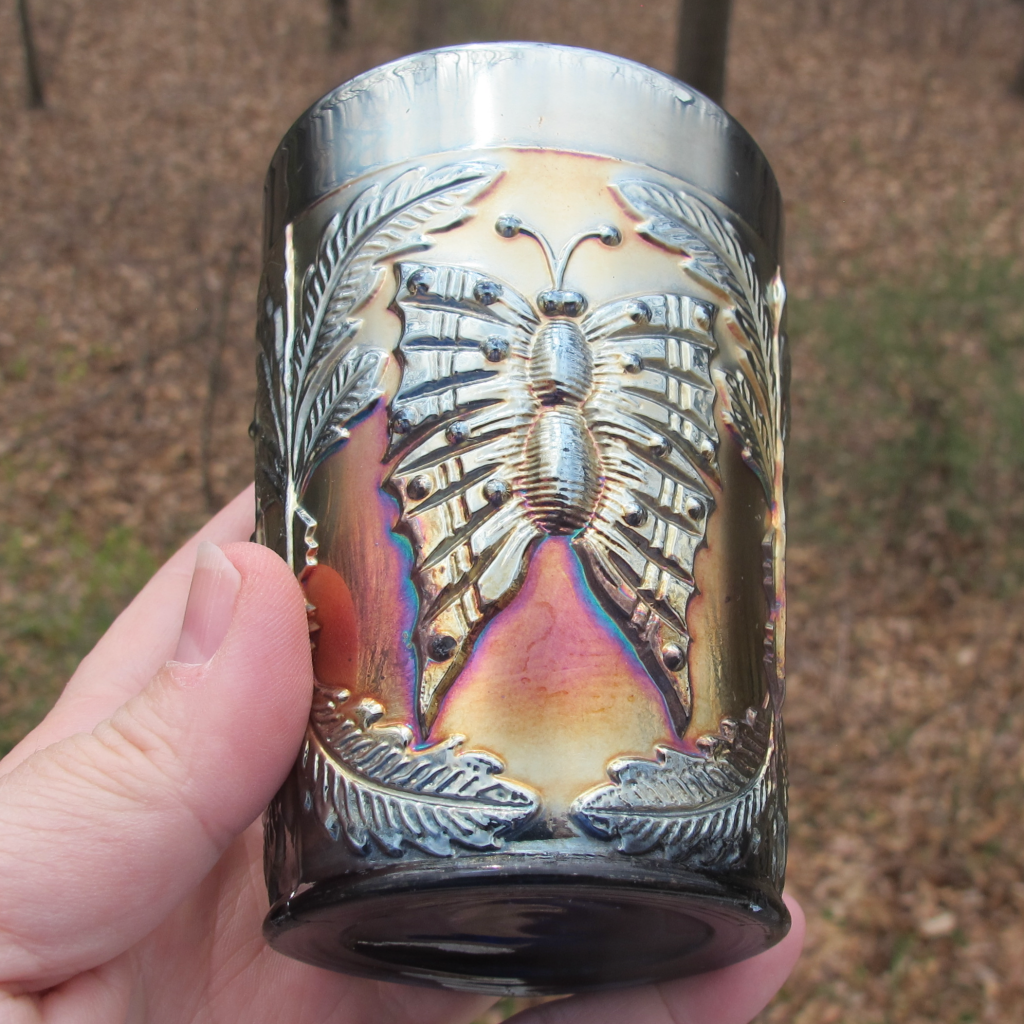 Antique Fenton Butterfly & Fern Blue Carnival Glass Tumbler - VARIANT ...