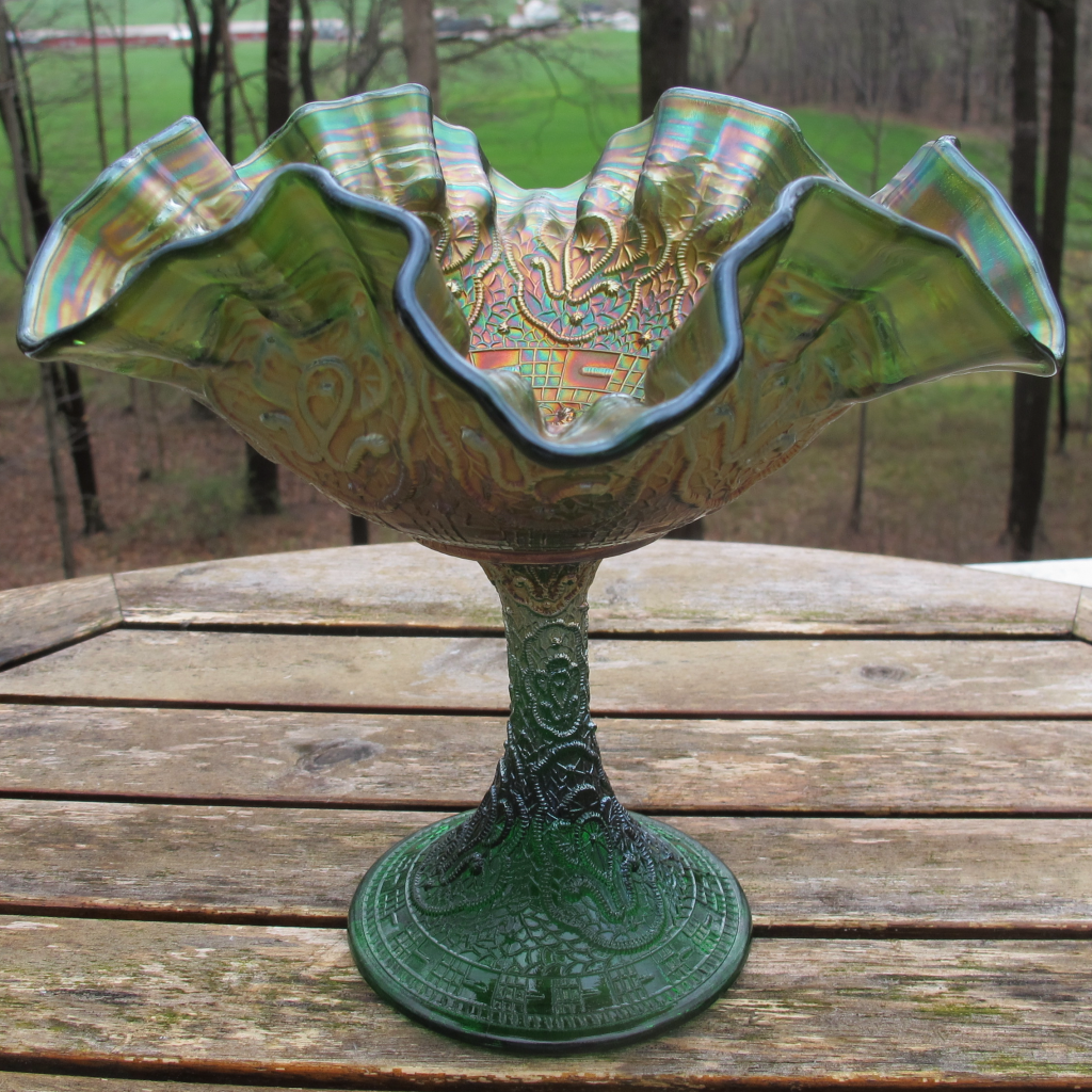 Antique Fenton Green Persian Medallion Carnival Glass Large Compote ...