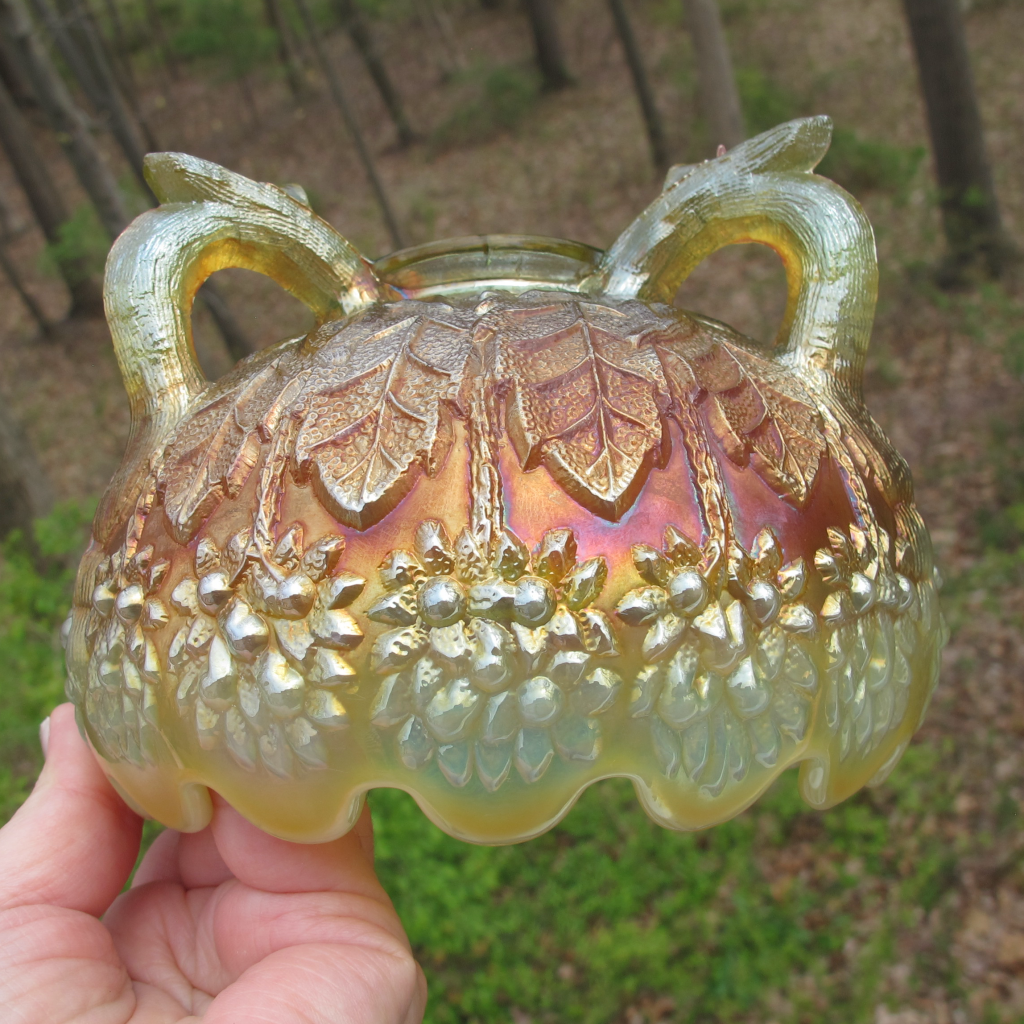 Antique Fenton Fenton's Flowers Vaseline Opal Carnival Glass Rose Bowl ...