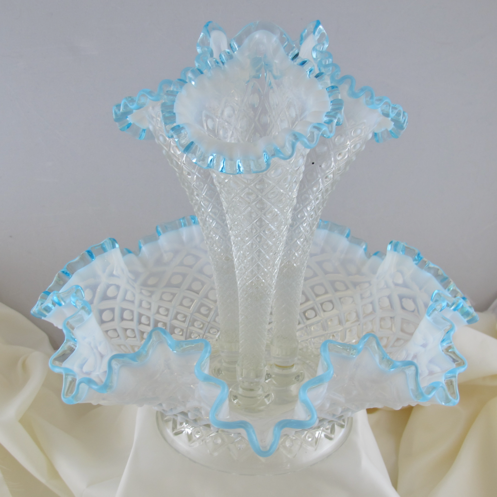 Vintage Fenton Diamond Lace Aqua Crest Opalescent Art Glass Epergne ...