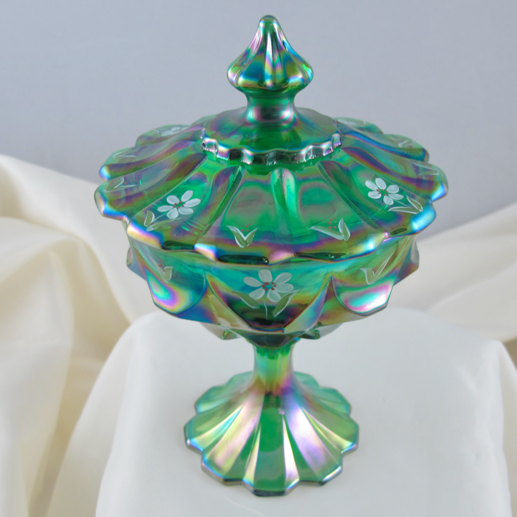 Fenton Spruce Green Painted Carnival Glass Lidded Candy Dish - Ltd ...