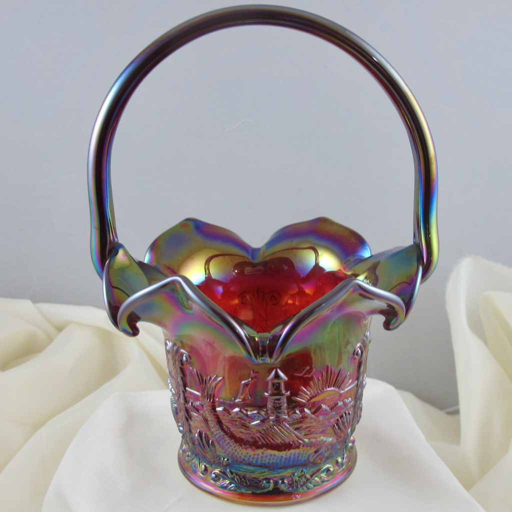 Fenton Ruby Red Seacoast Carnival Glass Whimsey Basket OOAK – Carnival ...