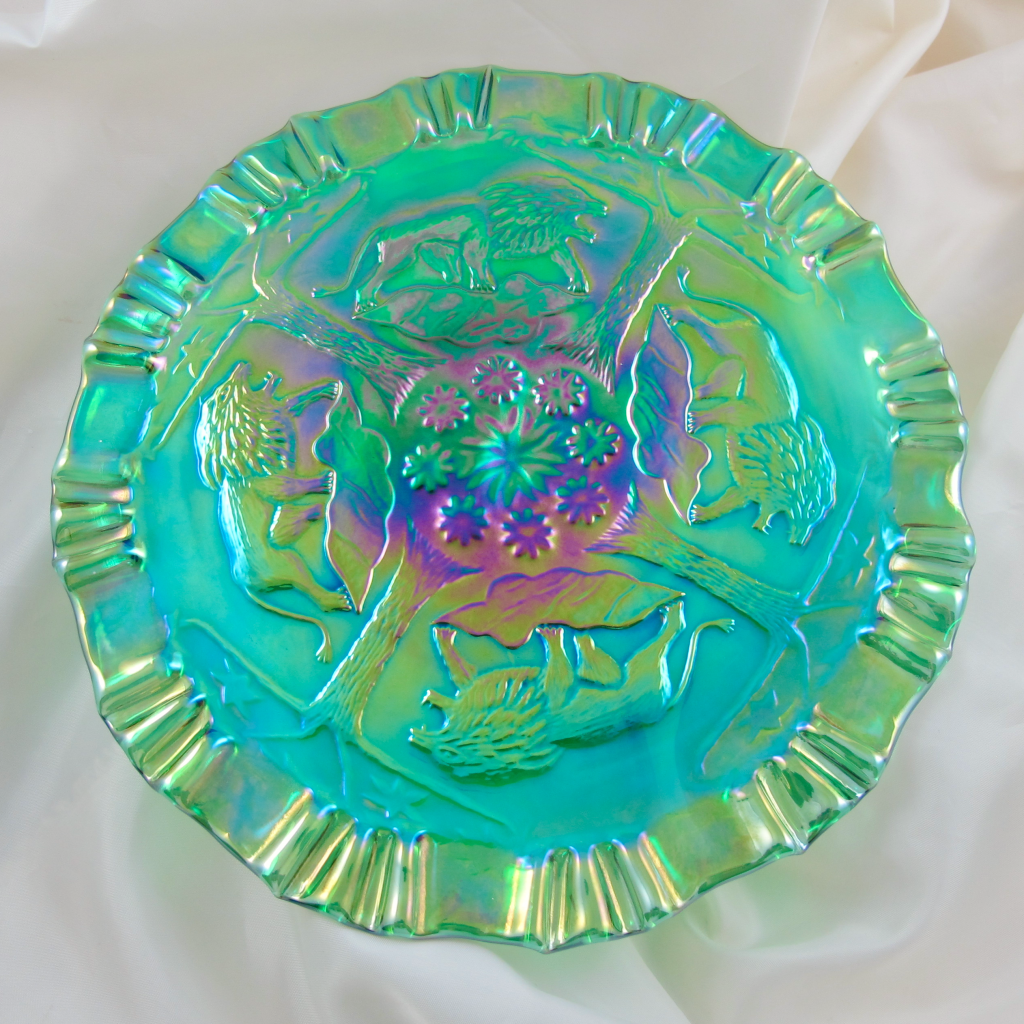 Fenton Emerald Green Lions Fenton’s Flowers Carnival Glass 3n1 Plate ...