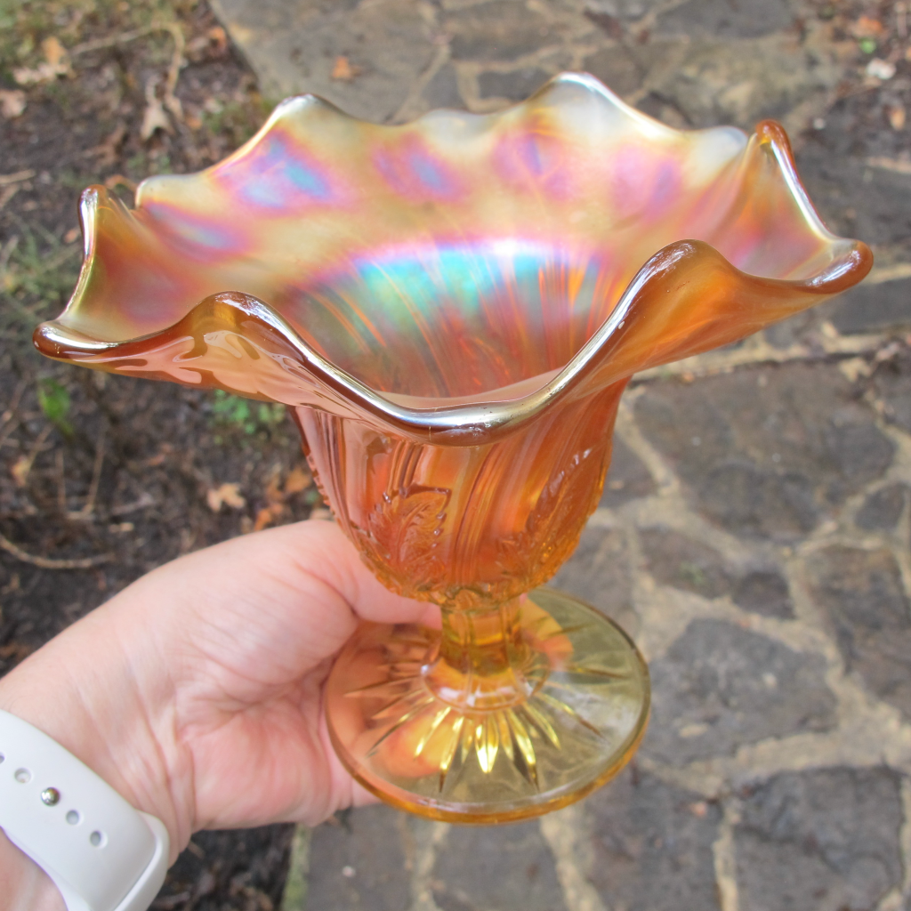 Antique Westmoreland Leaf Swirl Yellow Carnival Glass Compote ...