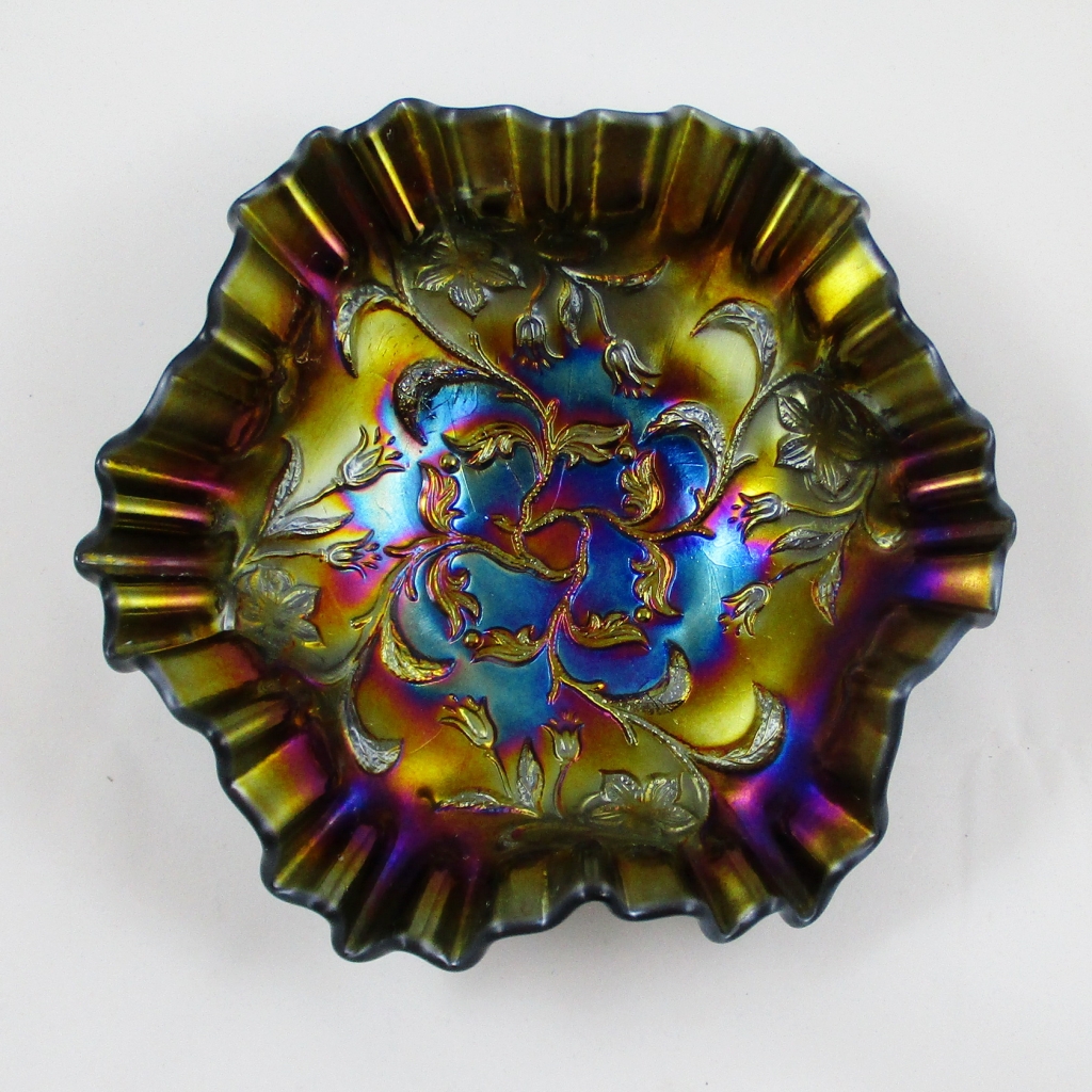 Antique Dugan Bells & Beads Amethyst Carnival Glass Ruffled Bowl ...