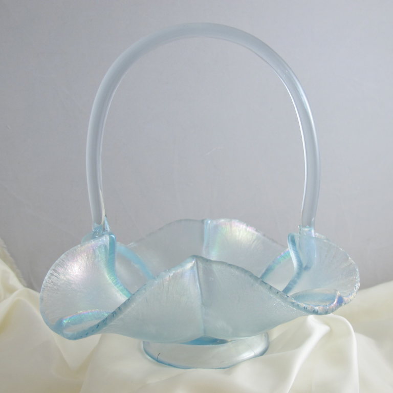 Fenton Ice Blue Velva Blue Melon Rib Stretch Carnival Glass Art Basket ...
