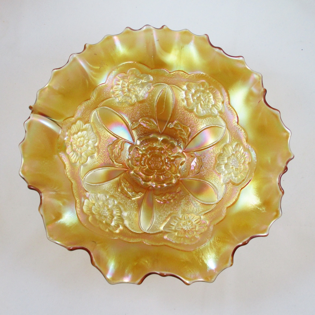 Antique Dugan Marigold Double Stem Rose Carnival Glass 10 Ruffle Bowl ...