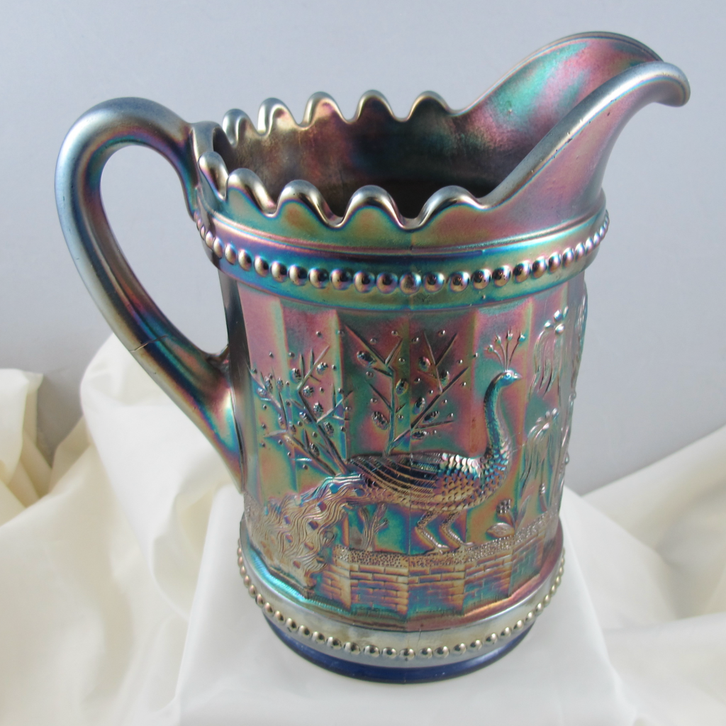 Antique Dugan Blue Peacock At The Fountain Carnival Glass Water Pitcher ...