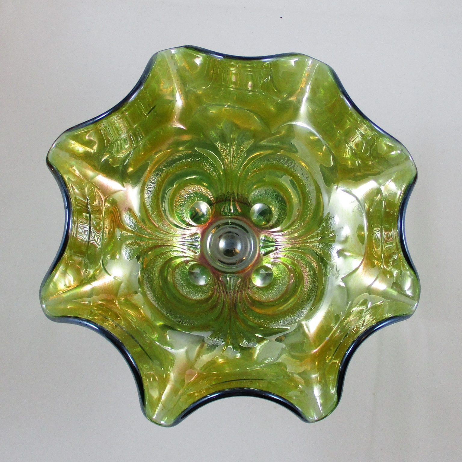 Antique Imperial Helios Green Scroll Embossed Carnival Glass Compote ...