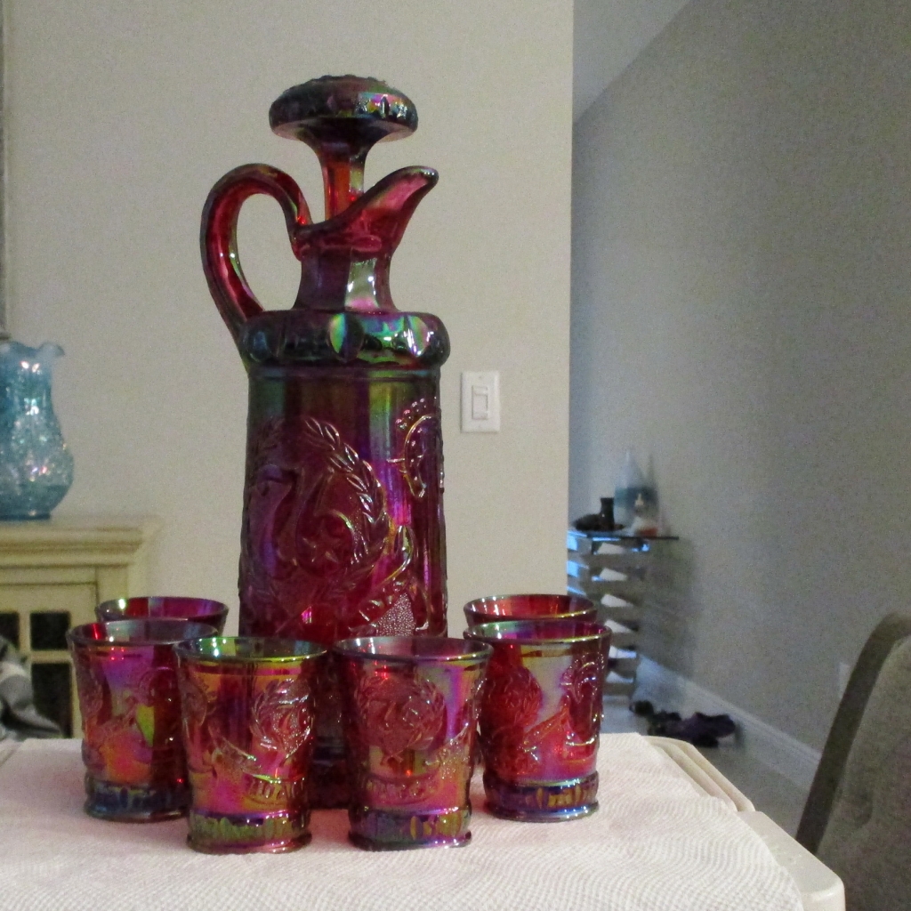 Fenton for HOACGA Red Good Luck Carnival Glass Whiskey Set Bicentennial ...