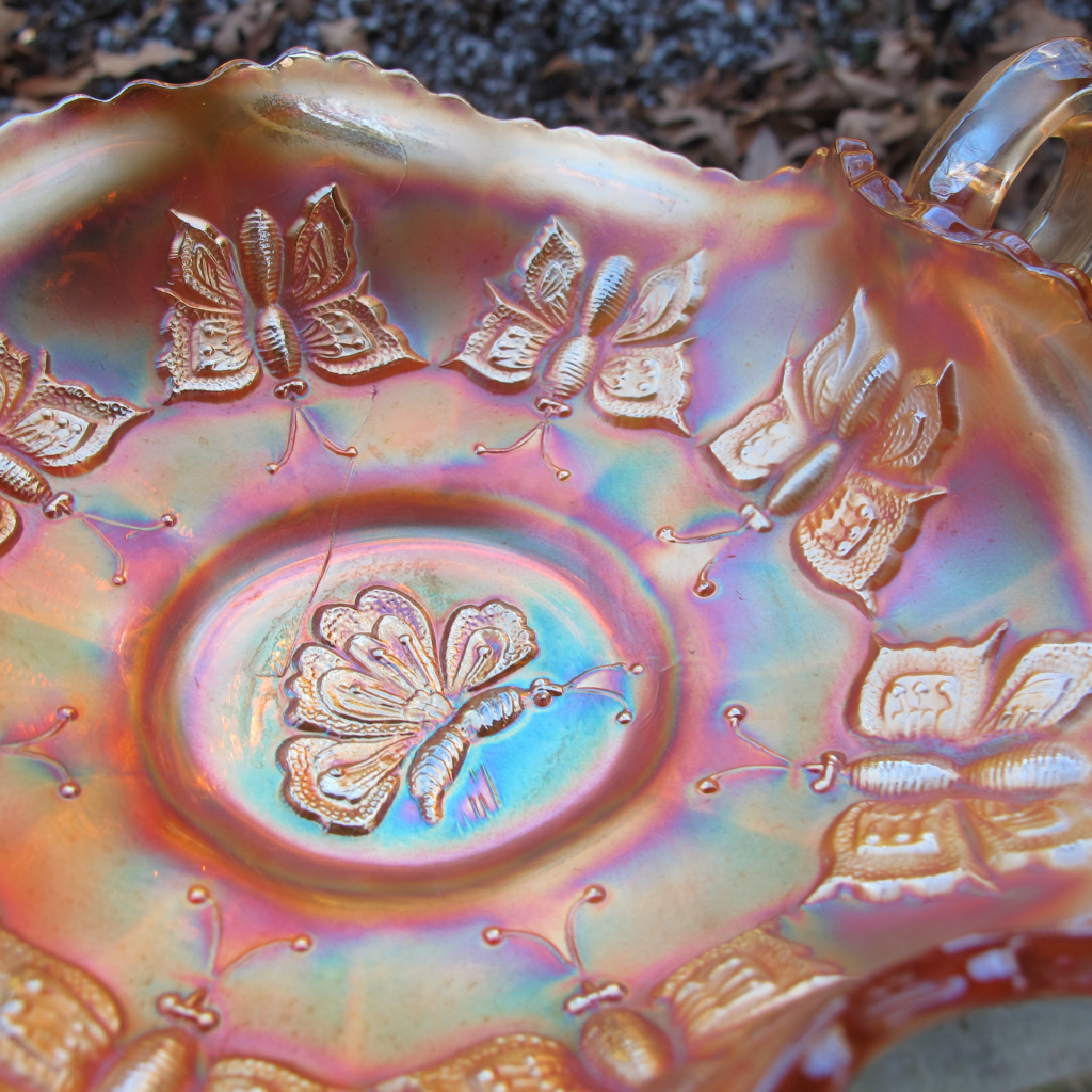 Antique Fenton Butterflies Marigold Carnival Glass Bon Bon – Carnival Glass