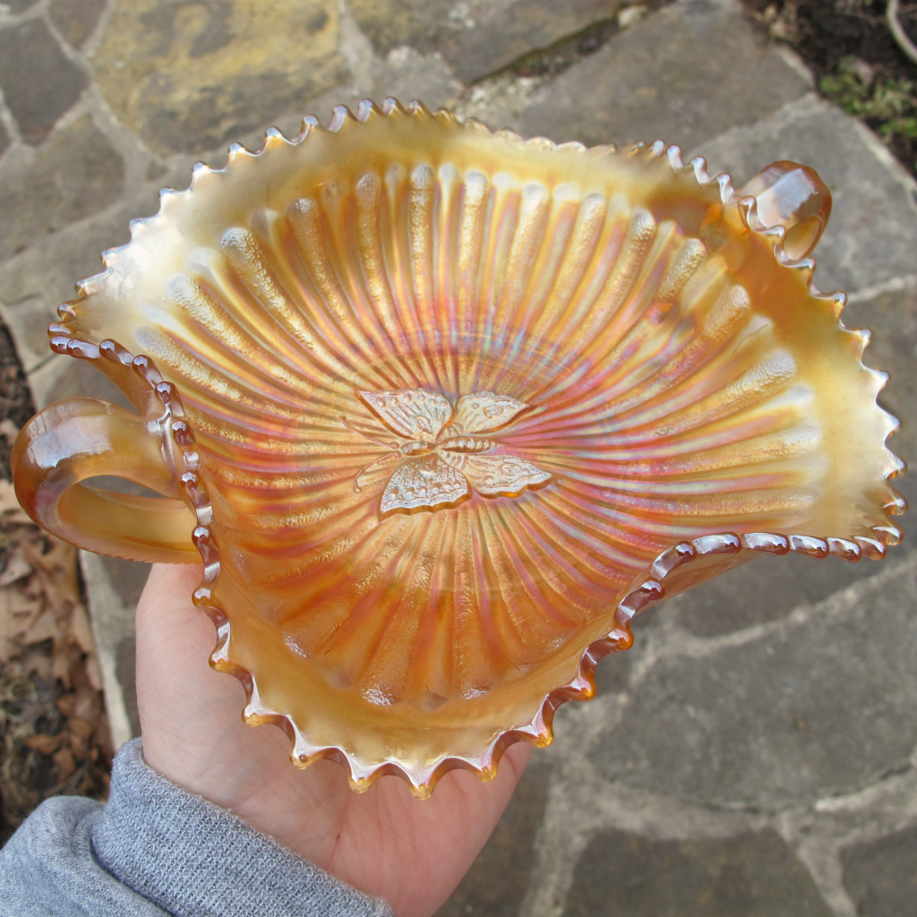 Antique Northwood Butterfly Marigold Carnival Glass Bon Bon – Carnival ...