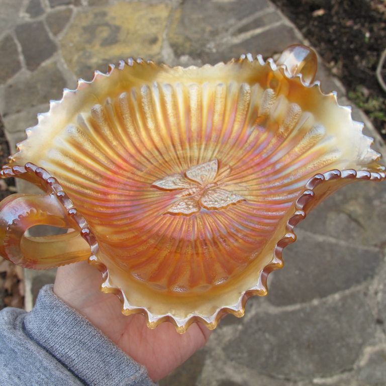 Antique Northwood Butterfly Marigold Carnival Glass Bon Bon – Carnival ...