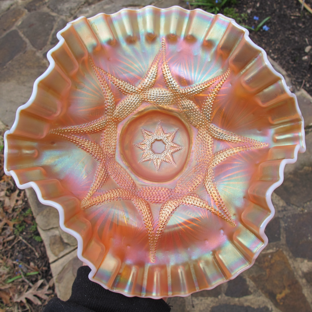 Antique Dugan Ski Star Peach Opal Carnival Glass Banana Boat – Carnival ...