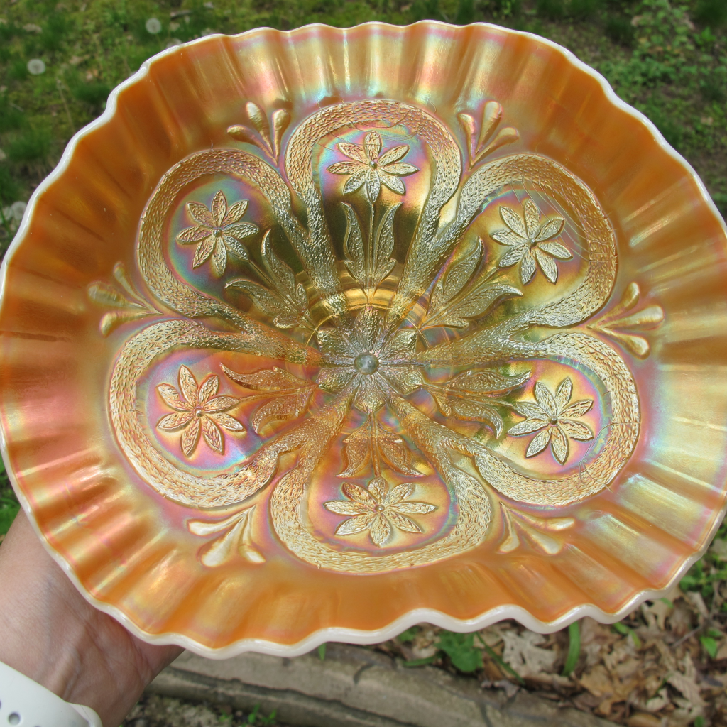 Antique Dugan Flowers & Frames Peach Opal Carnival Glass Tri-corner ...