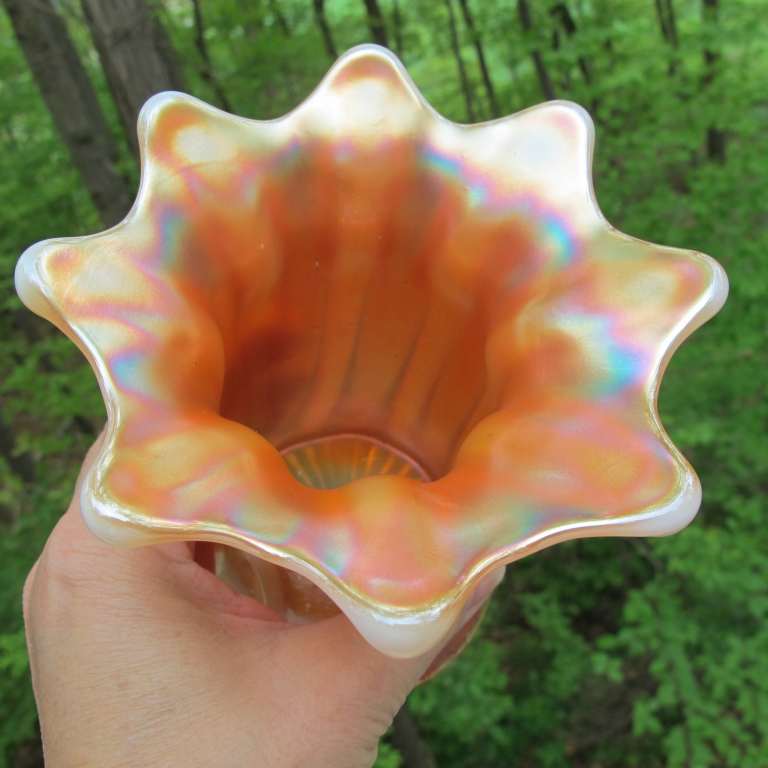 Antique Dugan Wide Rib Peach Opal Carnival Glass Vase Spittoon Shape ...