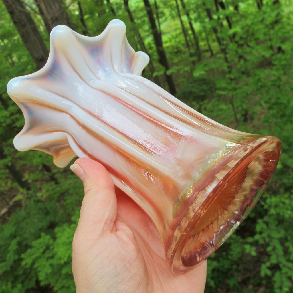 Antique Dugan Wide Rib Peach Opal Carnival Glass Vase Spittoon Shape ...