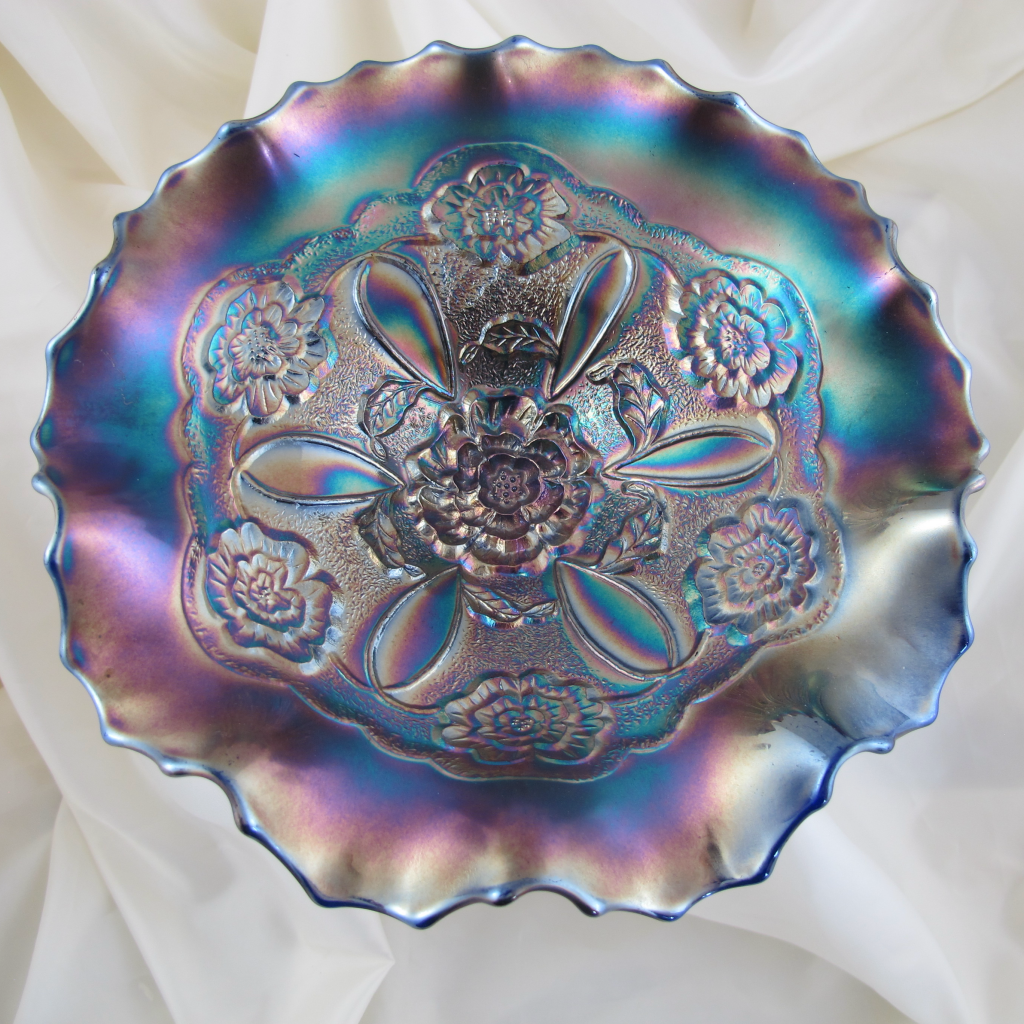 Antique Dugan Blue Double Stem Rose Carnival Glass 10 Ruffle Bowl ...
