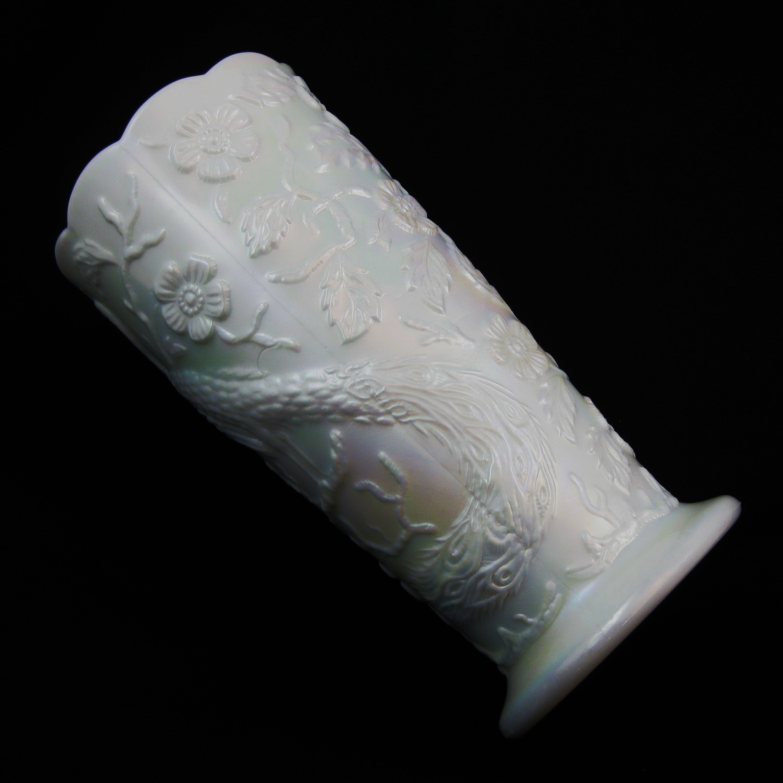 Fenton Pearlized White #8257 Peacock Garden Carnival Glass Vase ...