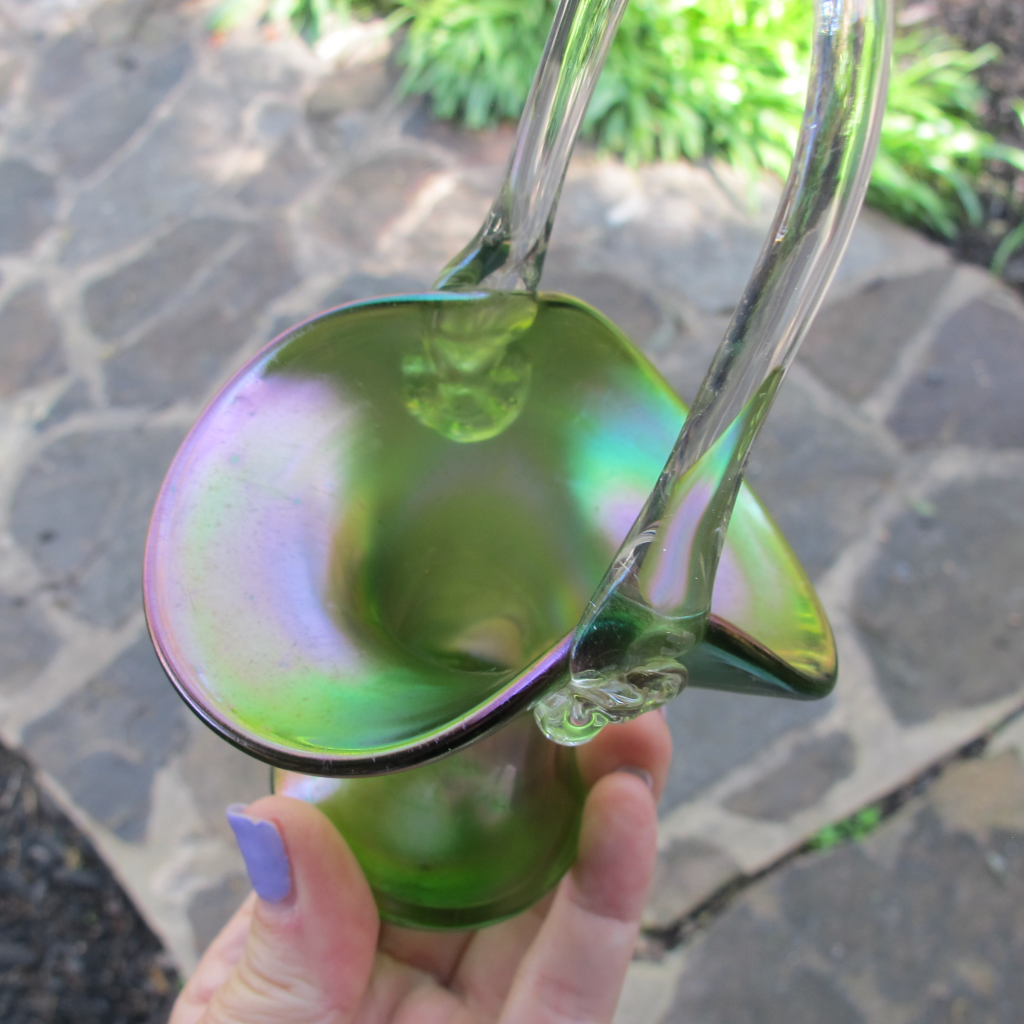 Antique Loetz Iridescent Green Art Glass Mini Basket – Carnival Glass