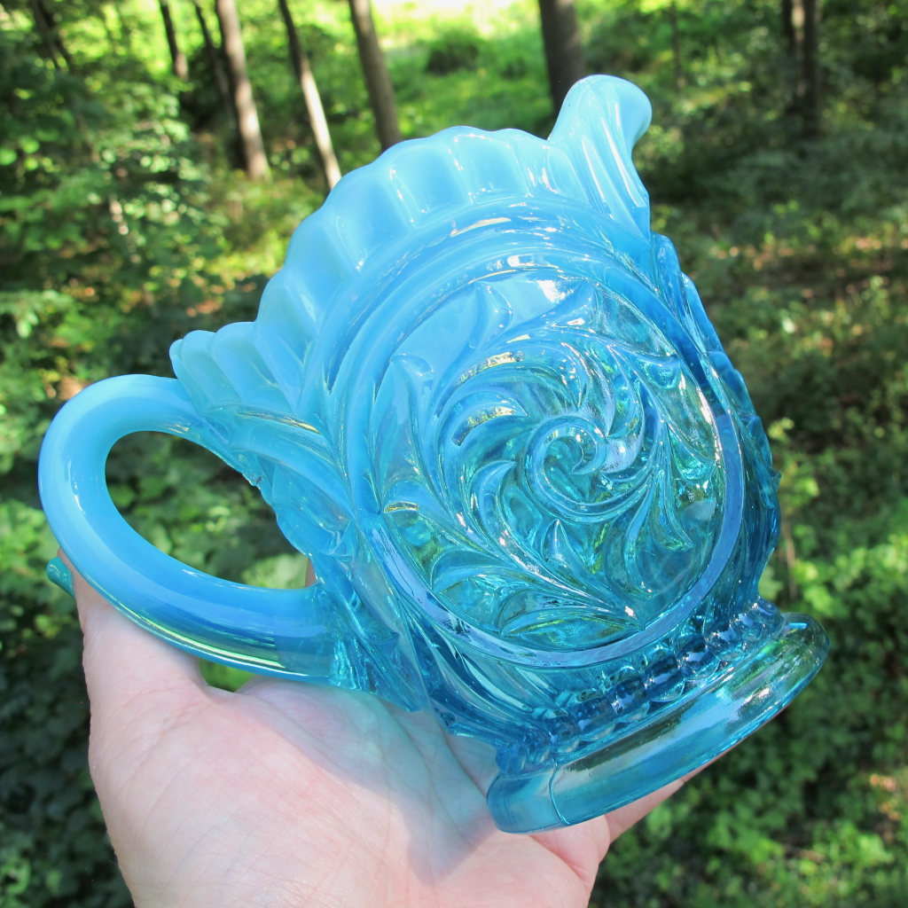 Antique Dugan Circle Scroll Blue Opalescent Glass Creamer Pitcher ...
