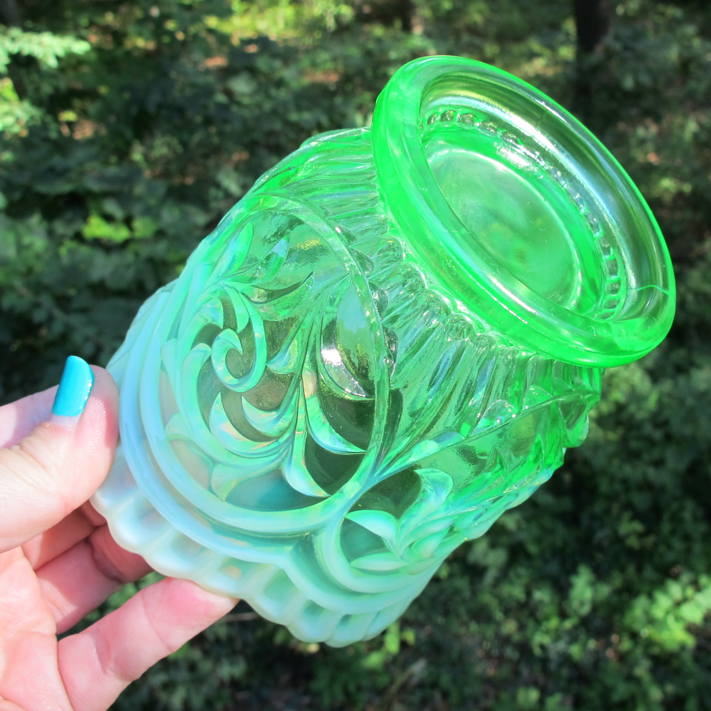 Antique Dugan Circle Scroll Green Opalescent Glass Spooner – Carnival Glass