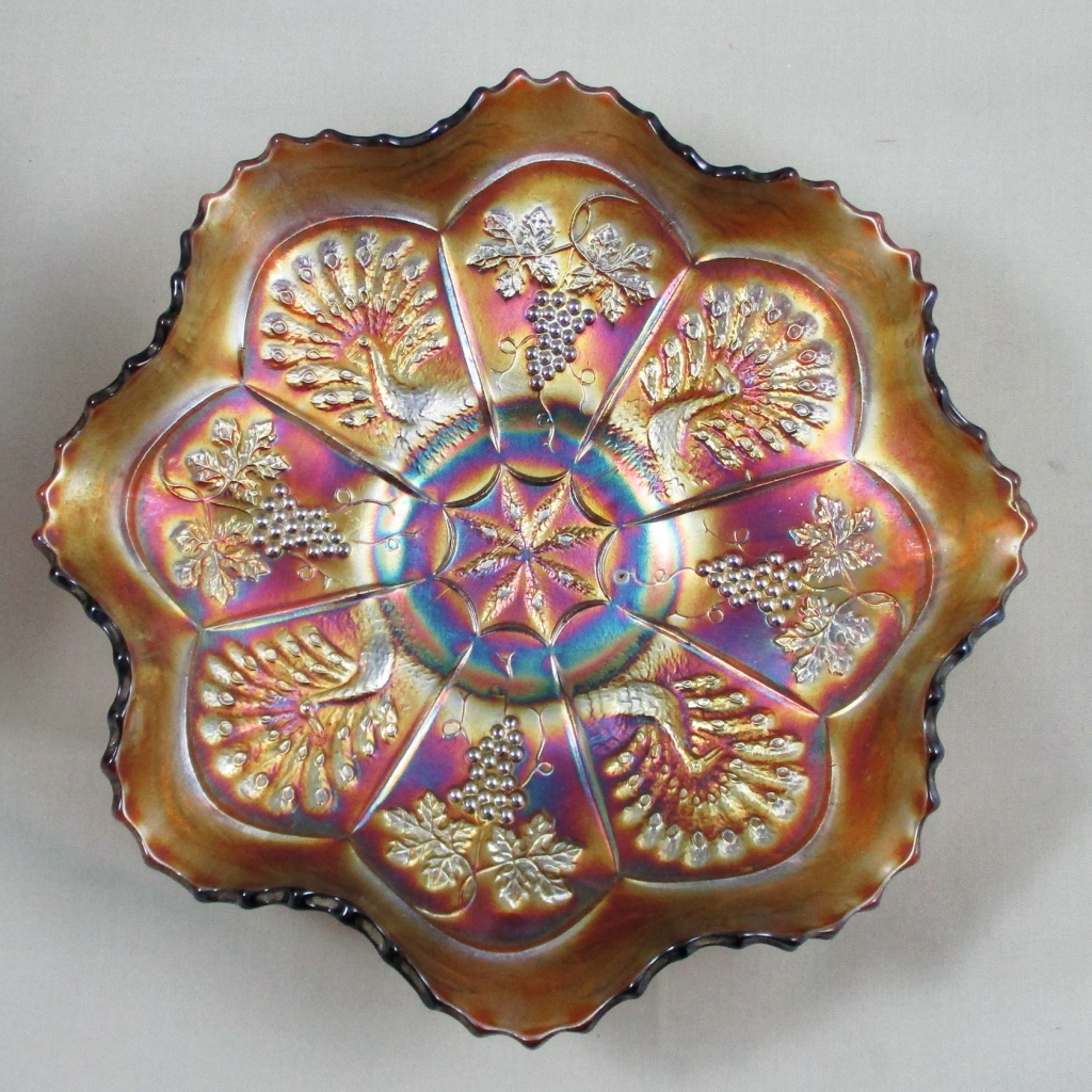 Antique Fenton Amethyst Peacock and Grape Carnival Glass Ruffled Bowl ...