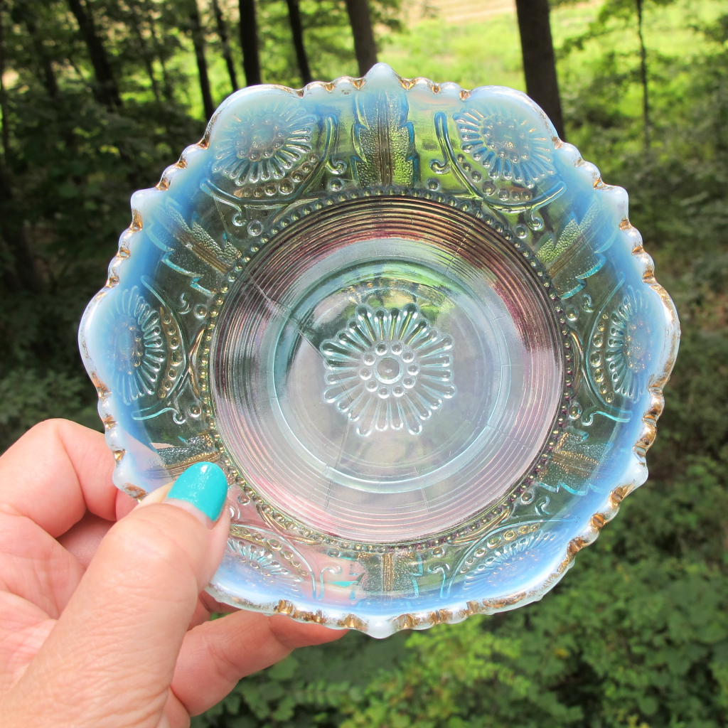 Antique Northwood Jewel & Flower Encore Blue Opalescent Glass Bowl Gold ...