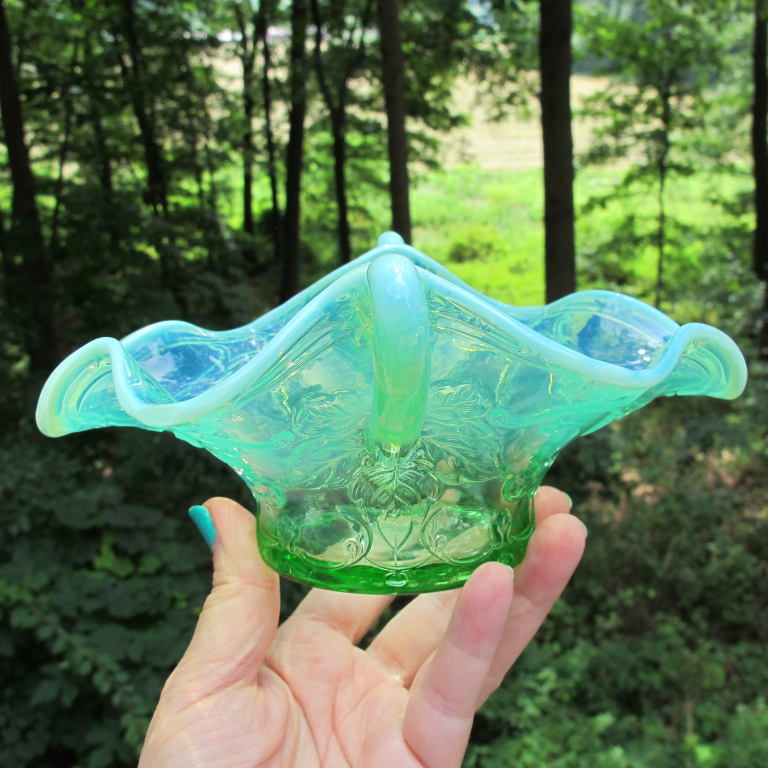 Antique Dugan Diamond Maple Leaf Green Opalescent Glass Bon Bon ...