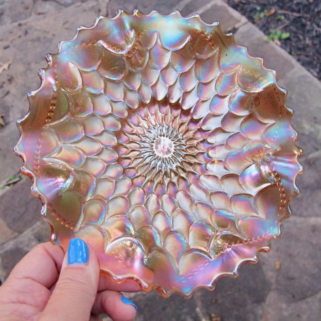 Antique Dugan Fishscale & Beads Marigold Carnival Glass Low Ruffled ...