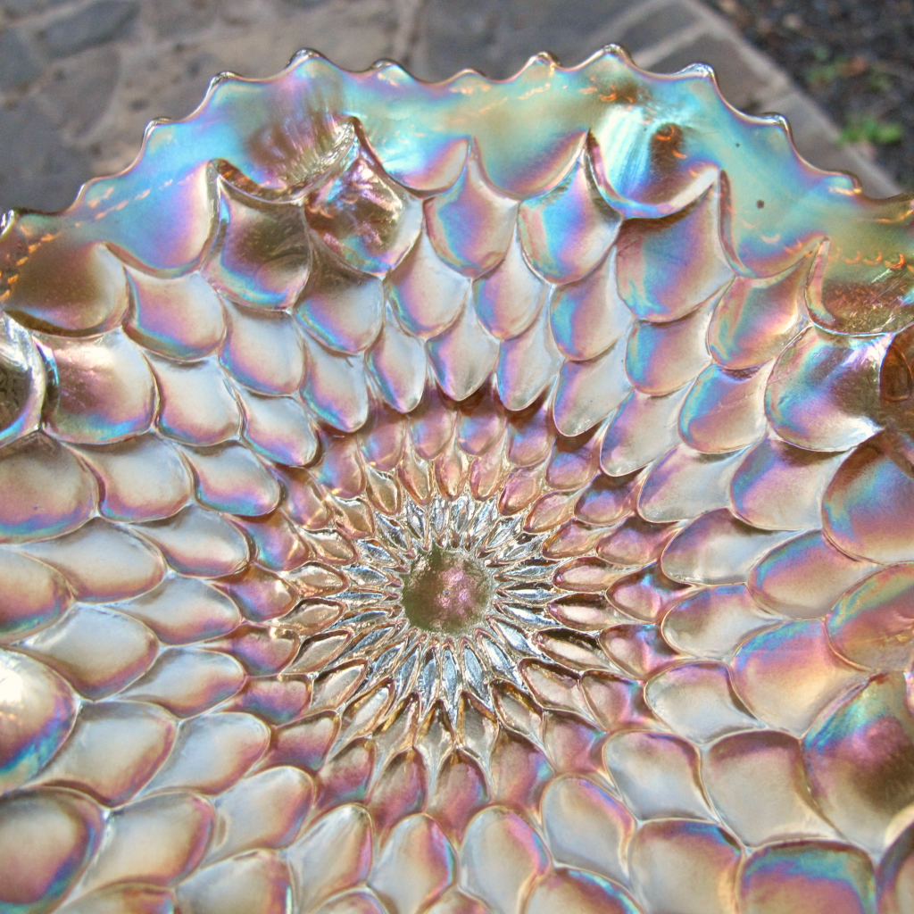 Antique Dugan Fishscale & Beads Marigold Carnival Glass Low Ruffled ...